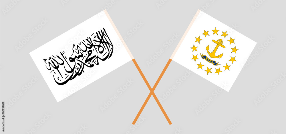 Crossed flags of Taliban and the State of Rhode Island. Official colors ...