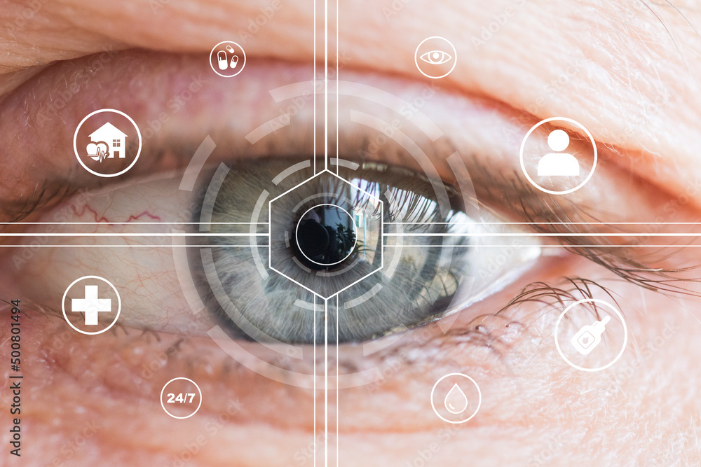 Eye monitoring and treatment in healthcare. Biometric scan of the male ...