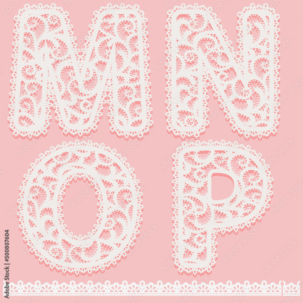 Letters M, N, O, P written of white lace isolated on pink background ...