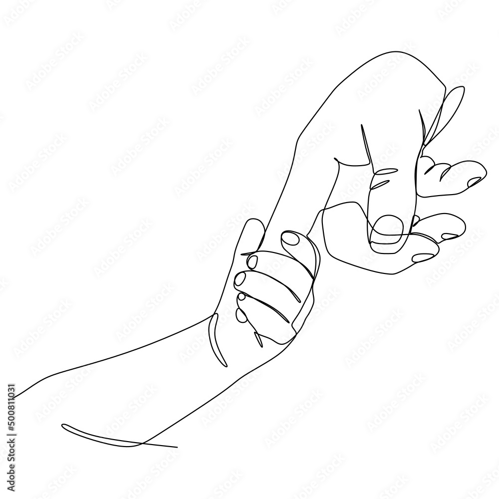 Parent hold child hand continuous line draw design. Sign and symbol of ...
