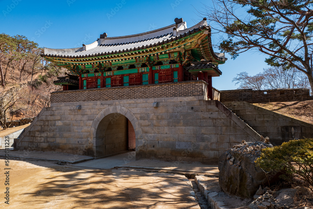 South Gate of the Samrang Fortress in jeondeungsa temple on Ganghwa or ...