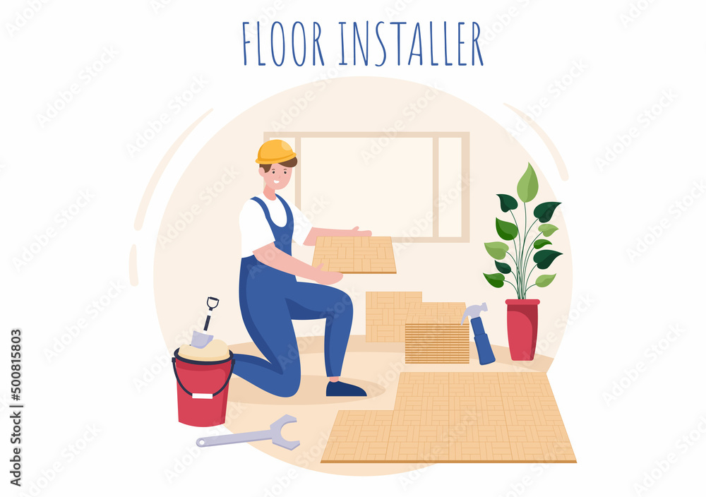 Floor Installation Cartoon Illustration with Repairman, Laying ...