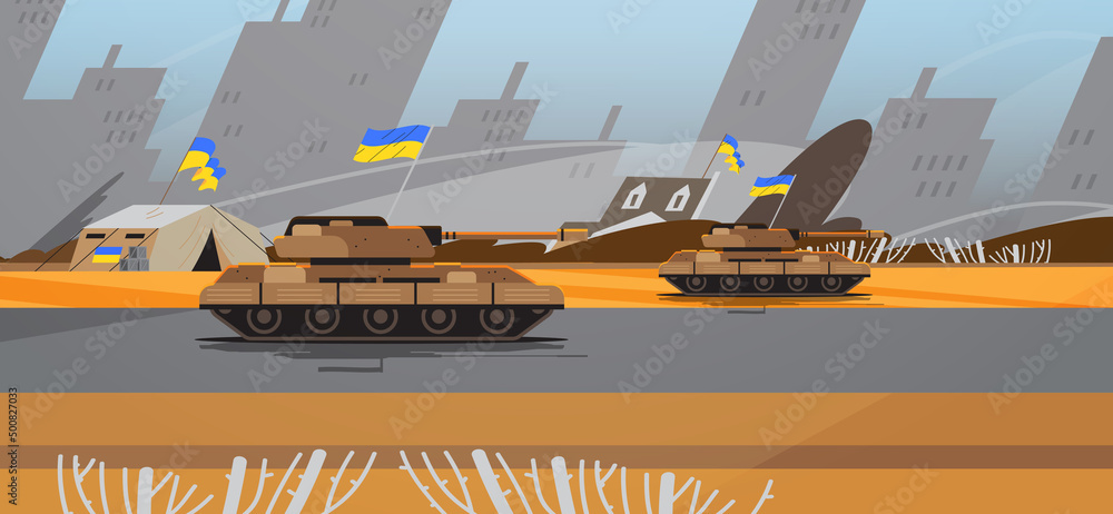 Ukrainian tanks with flags special battle transport military equipment ...