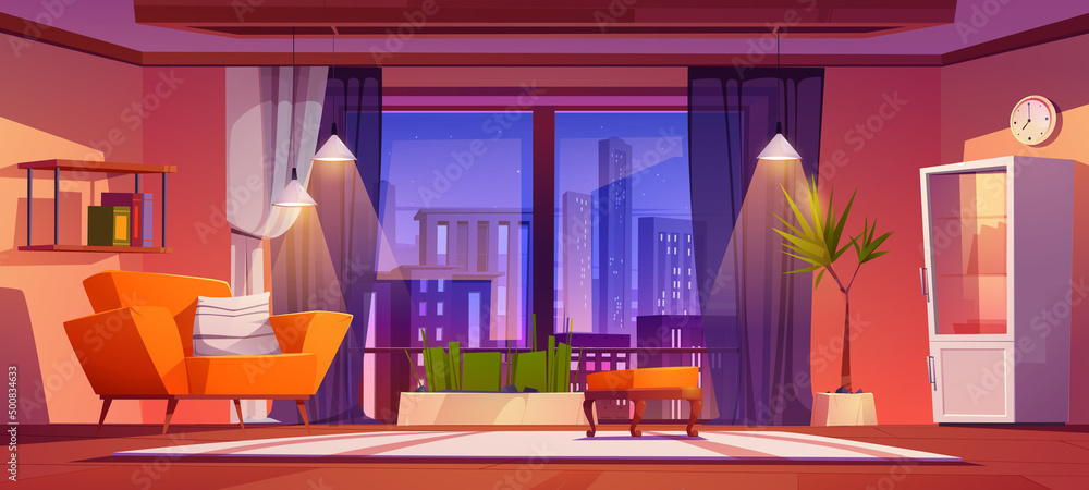 Modern living room with panoramic window with cityscape view at night ...