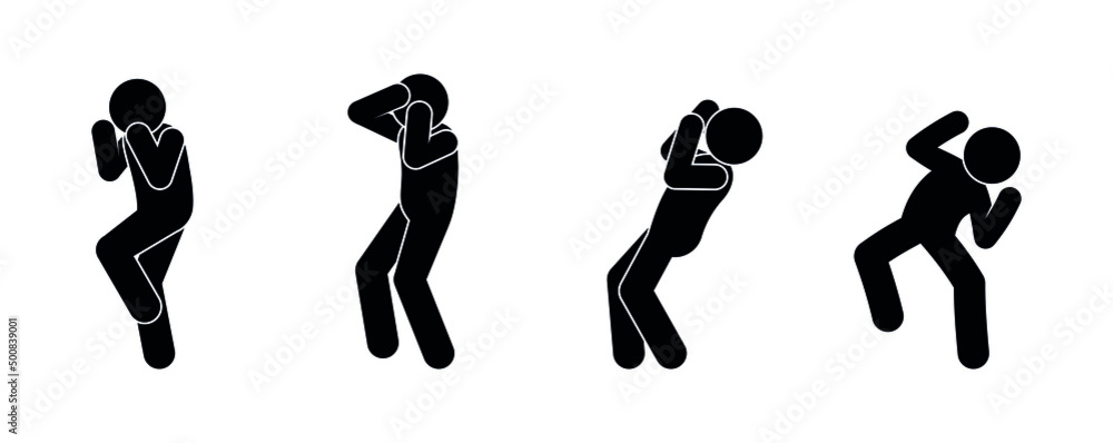 pose of fear, man defends himself from danger, stick figure human ...