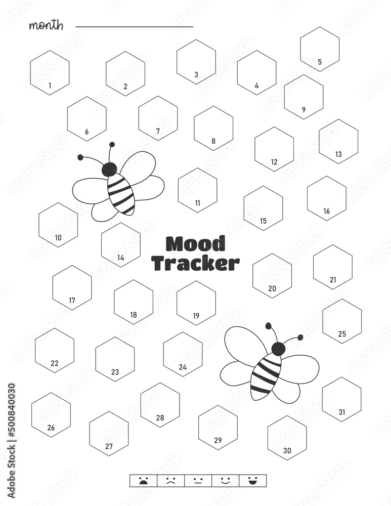 Honeycombs and bees. Printable mood tracker for a month. Monochrome ...