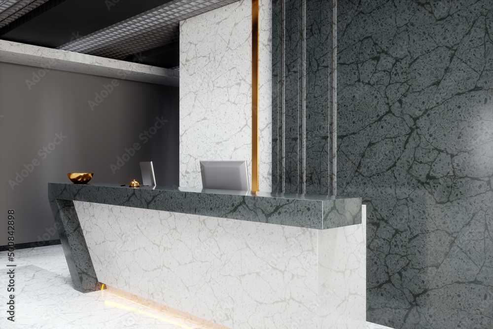 reception table. Modern office interior with white and dark marble ...