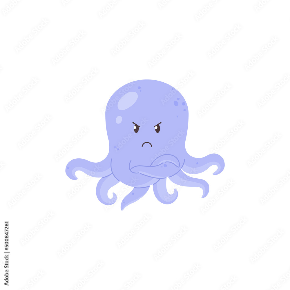 Funny octopus with angry comic face, flat cartoon vector illustration ...