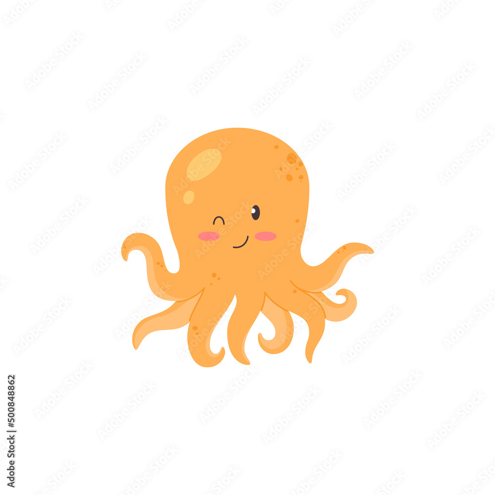Cute fun winking octopus with kawaii face, flat vector illustration ...