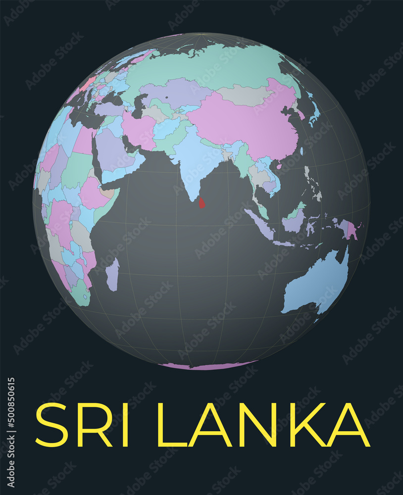 World map centered to Sri Lanka. Red country highlighted. Satellite ...