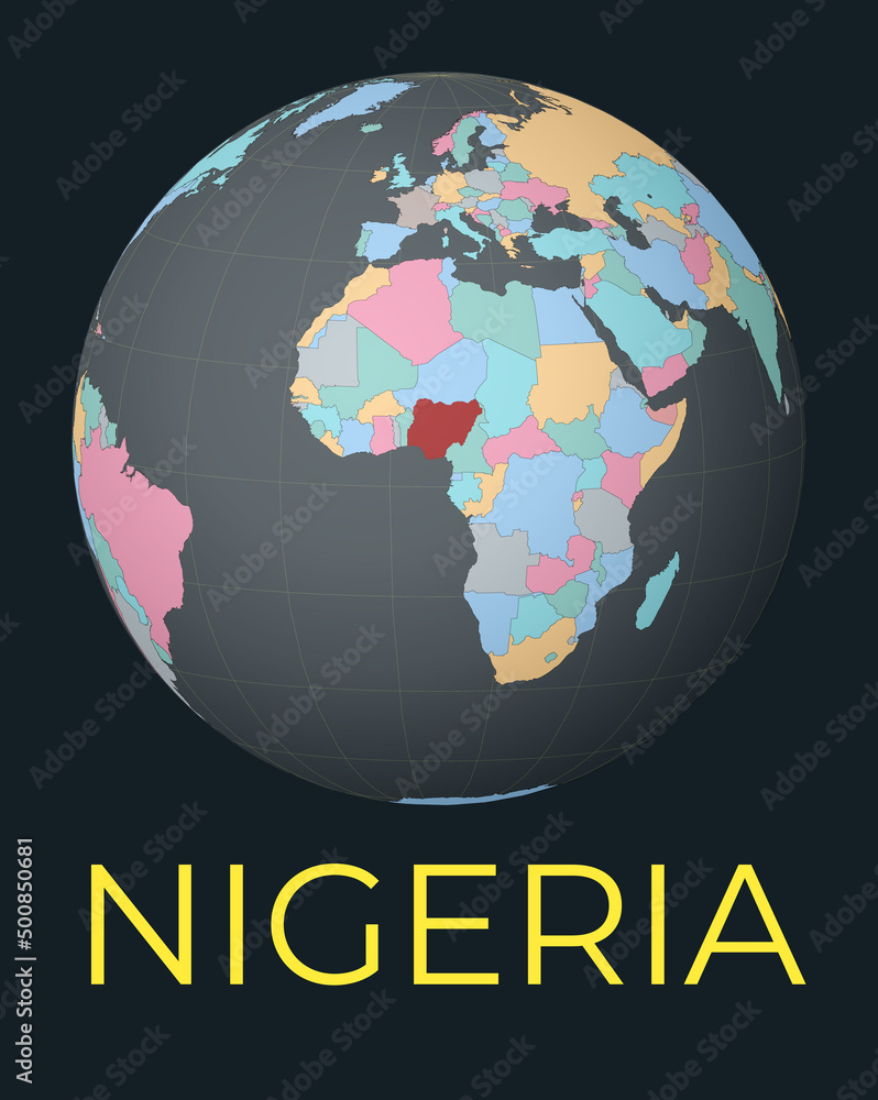 World map centered to Nigeria. Red country highlighted. Satellite world ...