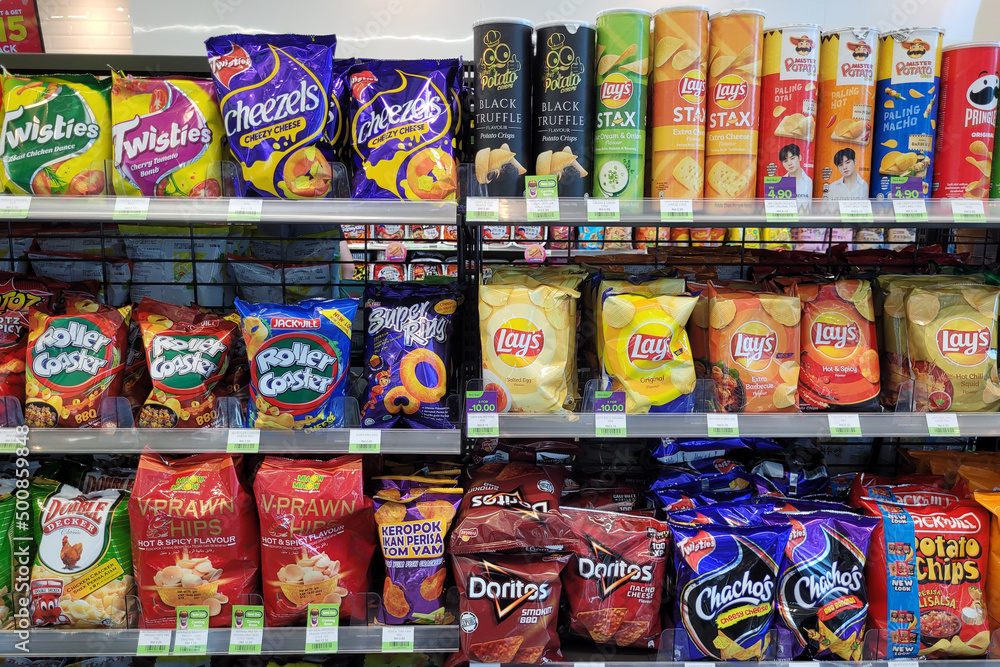 Penang, Malaysia - 26 March 2022: Various choices flavoured chips and ...