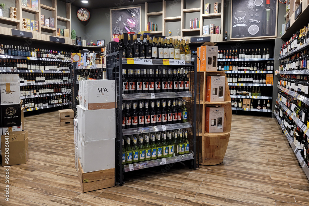 PENANG, MALAYSIA - 28 MAR 2022: Assortment of wine and hard liquor ...