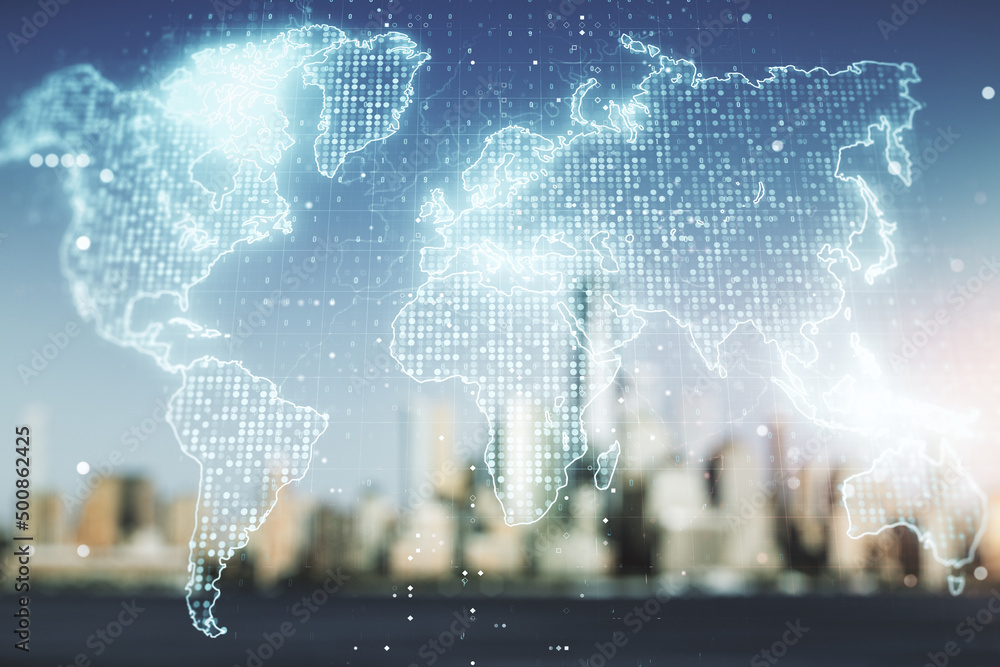 Abstract creative digital world map on blurry skyscrapers background ...