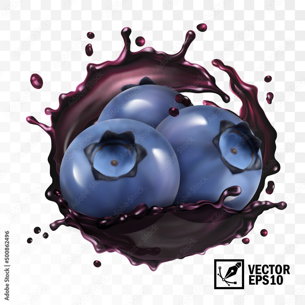 3D realistic blueberry set, lying heaps of berries with leaves, falling ...