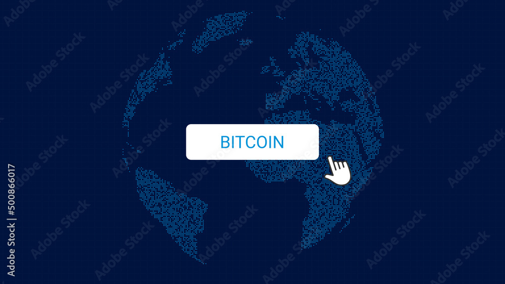 Bitcoin Button Press by Hand Cursor with Digital Globe Background Stock ...