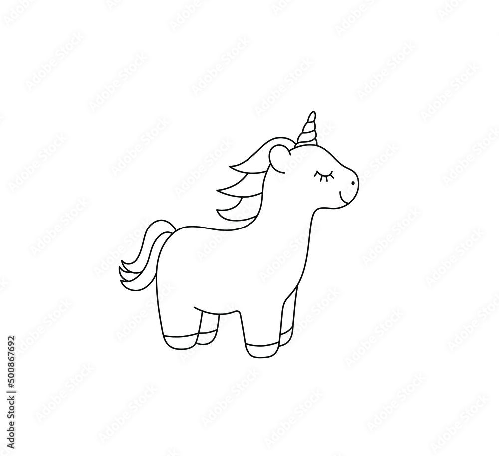 Vector isolated cute cartoon unicorn kids toy colorless black and white ...