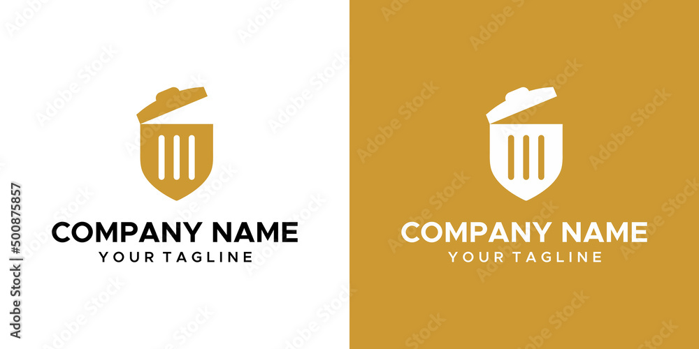 trash can and shield themed graphic image, on a gold and white ...