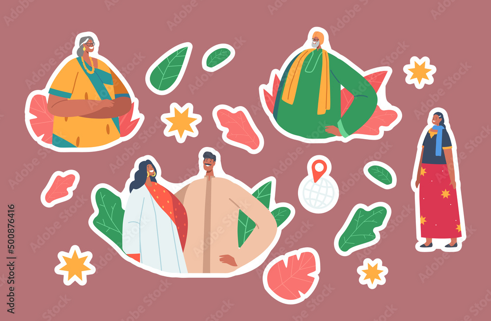 Set of Stickers Indian People Wear Traditional Clothes Isolated Patches ...