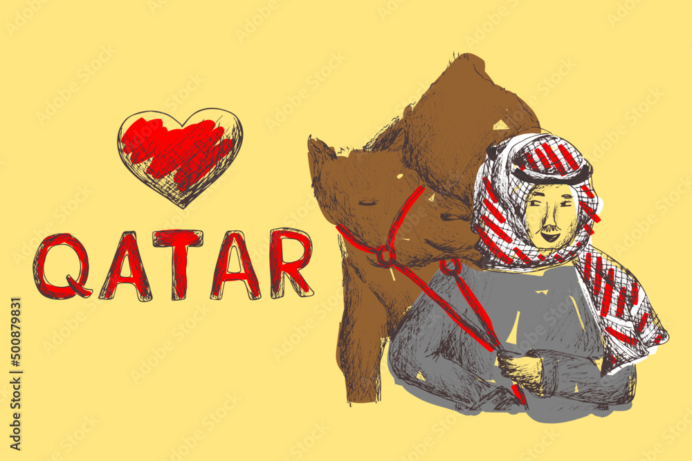 Digital funny vector abstract drawing sketch of symbols of Qatar.The ...