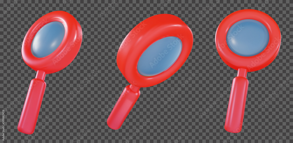 Set 3d cartoon red magnifying glass different view isolated on ...