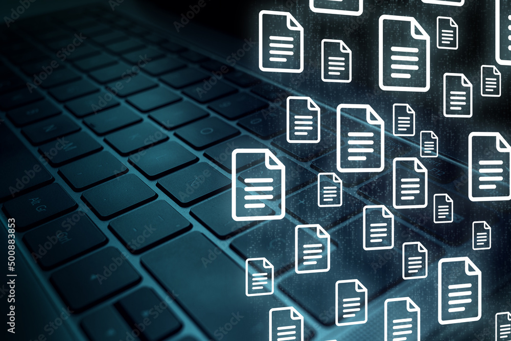 Laptop keyboard with Document Management System (DMS) concept. Process ...