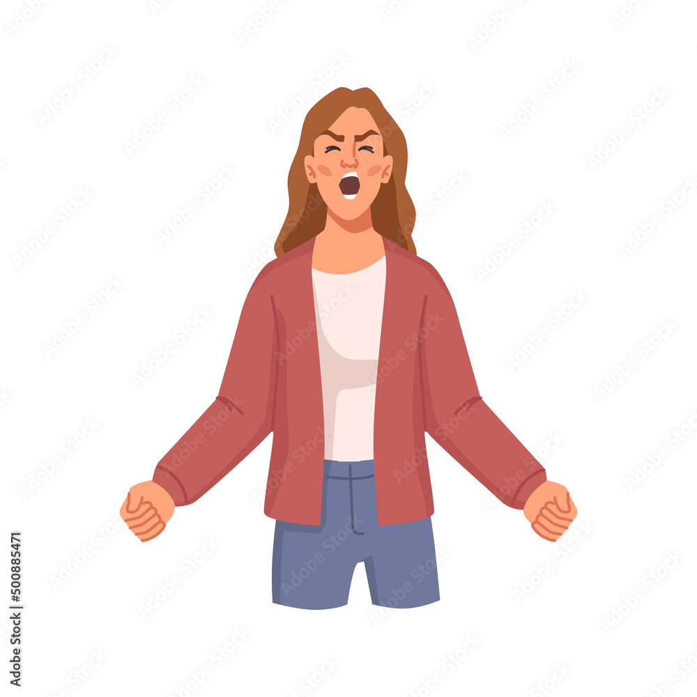 Female personage irritated, annoyed or stressed. Vector flat cartoon ...