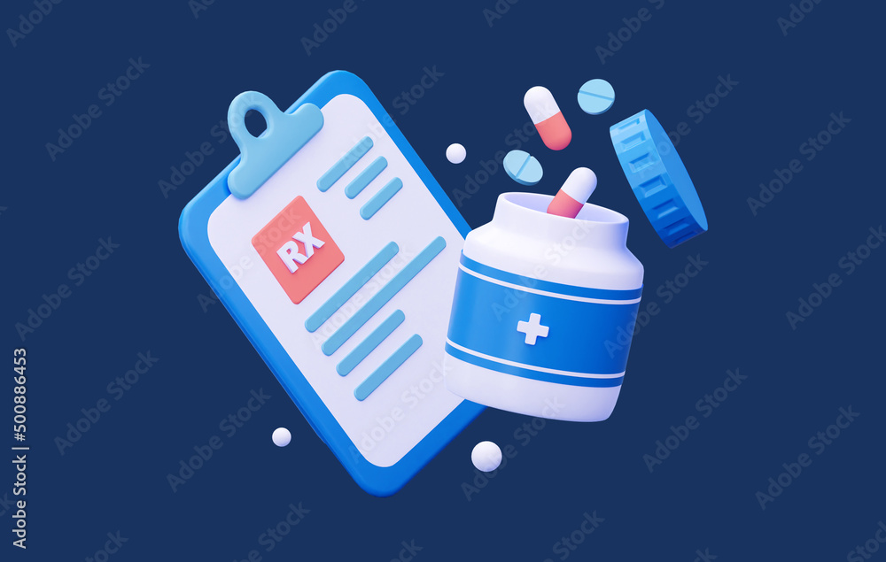 Medical prescription 3D RX with an open bottle and tablets. Cartoon ...