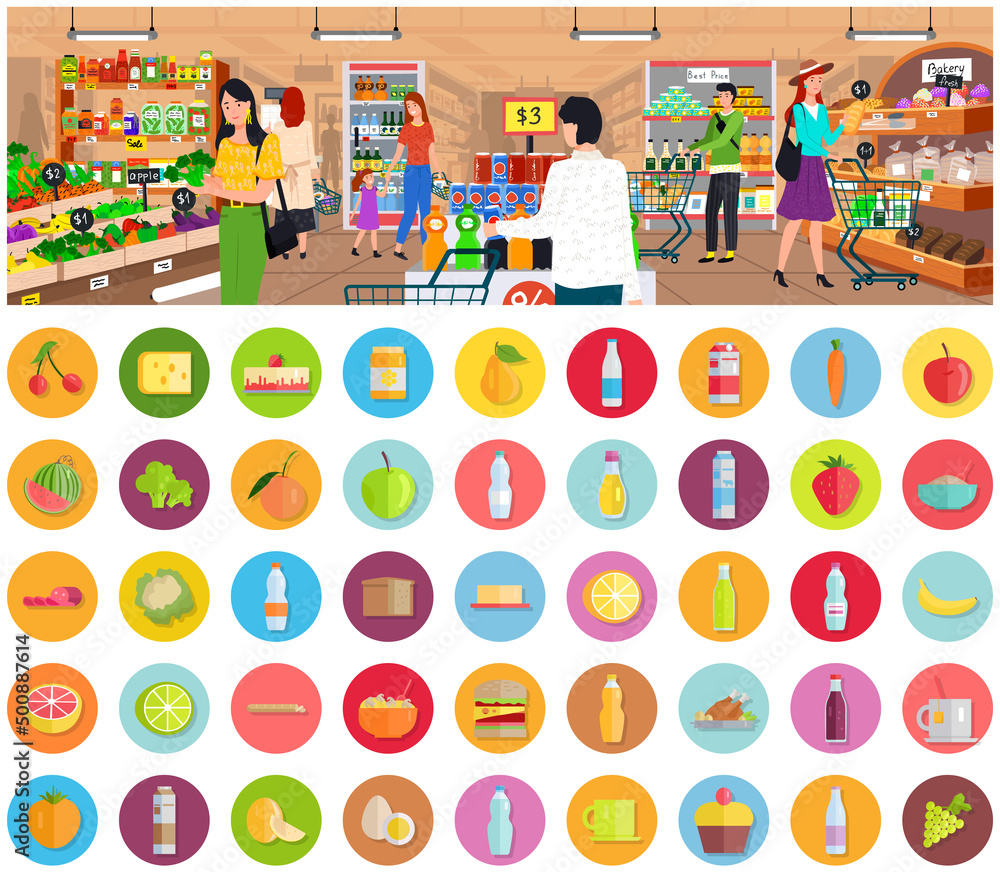 Supermarket interior, grocery shop and different types of food, dishes ...