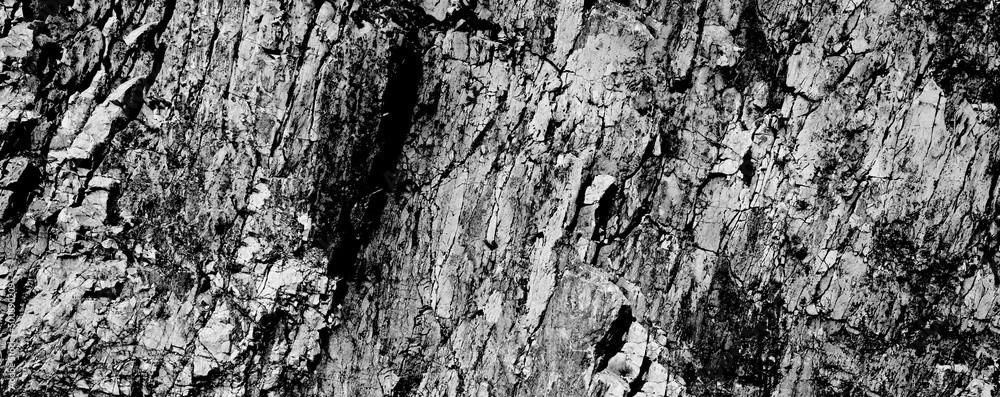 Grungy cragged bumpy pitted cavity stone facade, split layer gap.Ruined ...