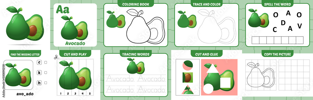 worksheets pack for kids with avocado vector Stock Vector | Adobe Stock