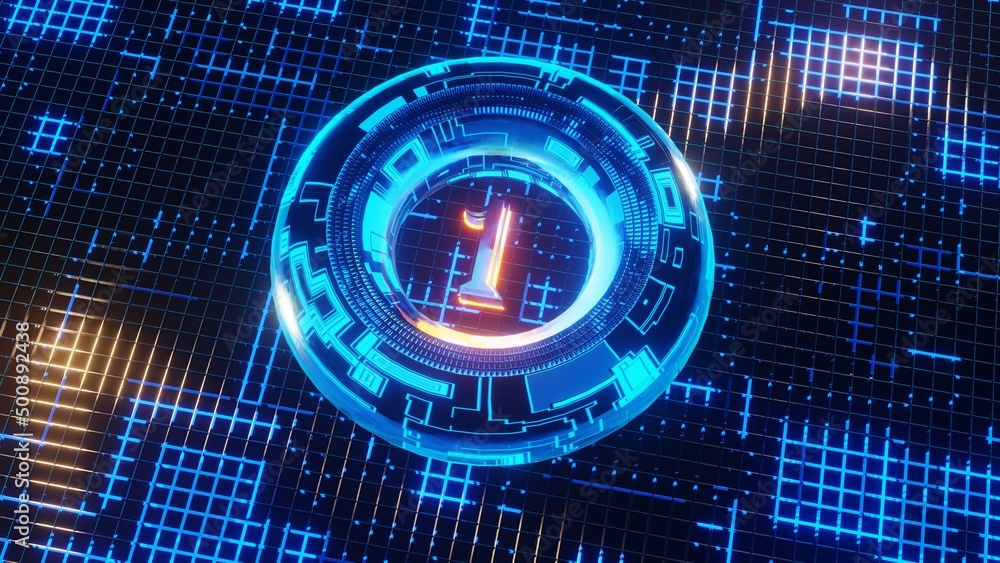 3D Rendering. Neon bright glowing countdown timer from 10 to 0 seconds ...