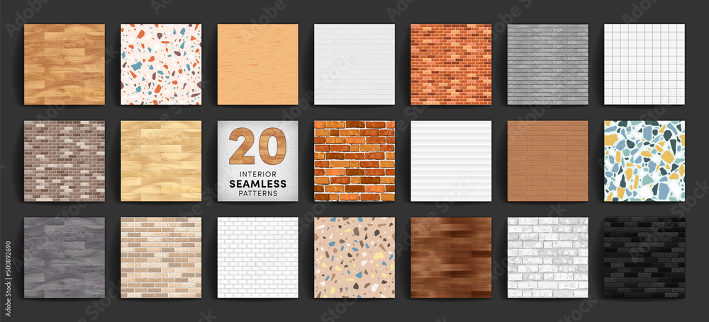 Building and interior decoration materials pattern set. Vector Brick ...