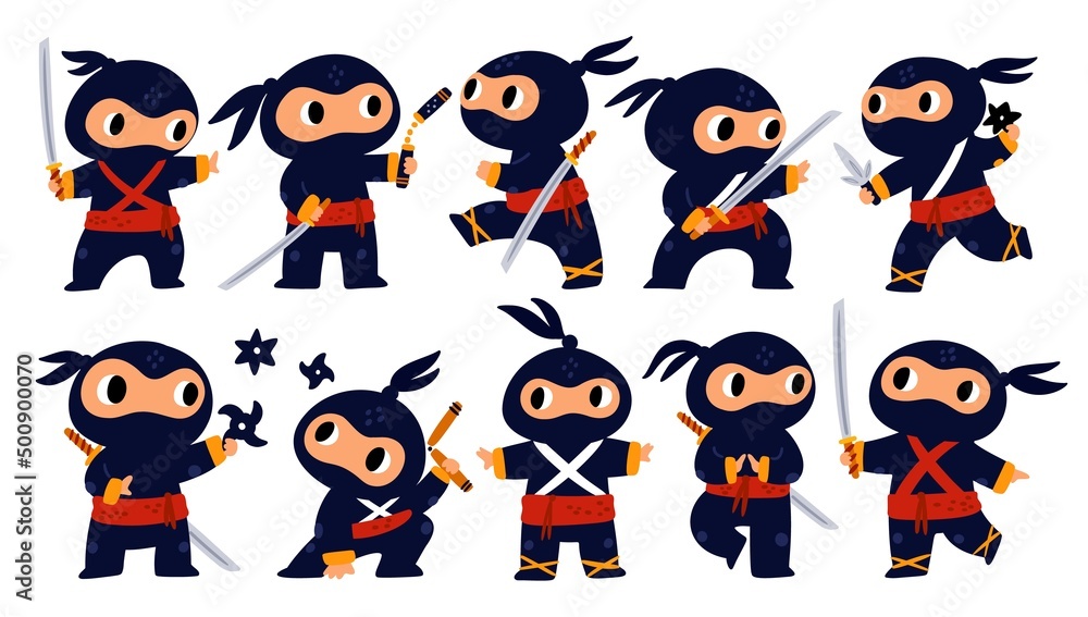 Cartoon ninja. Little funny Japanese warrior with different weapon ...