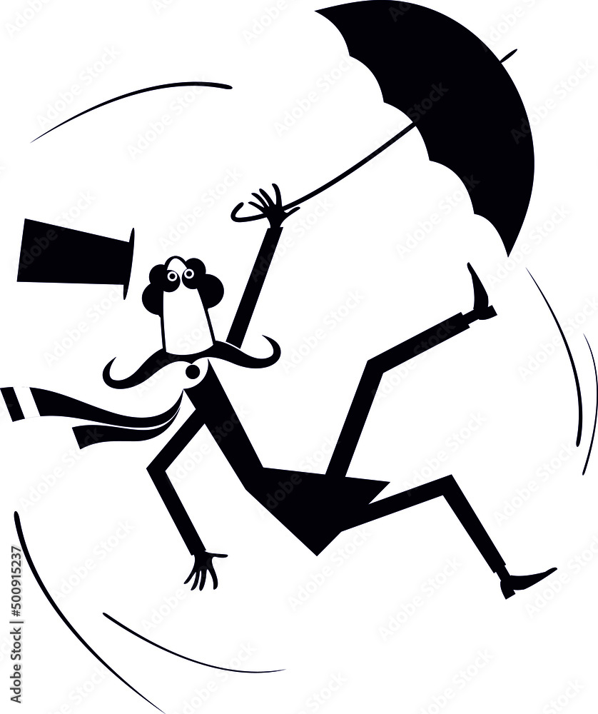 Cartoon man, umbrella and windy day isolated. Funny long mustache man ...