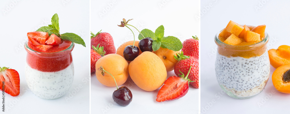 Collage of pudding with chia seed and fruit on the light background ...