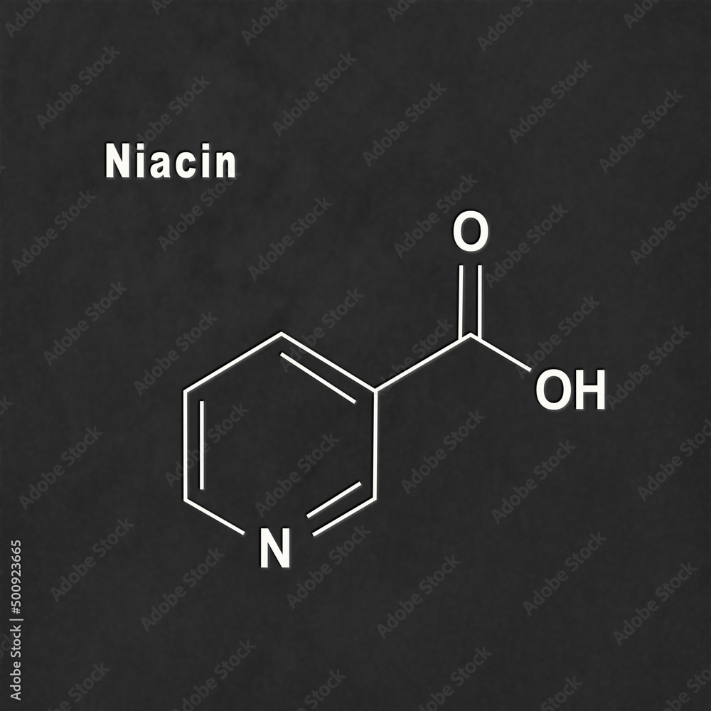 Niacin (nicotinic acid) molecule, vitamin B3 Structural chemical ... Niacin (nicotinic acid) molecule, vitamin B3 Structural chemical ...