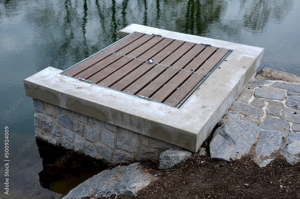 pond sluice, water reservoirs with regulation and concrete dam shaft ...