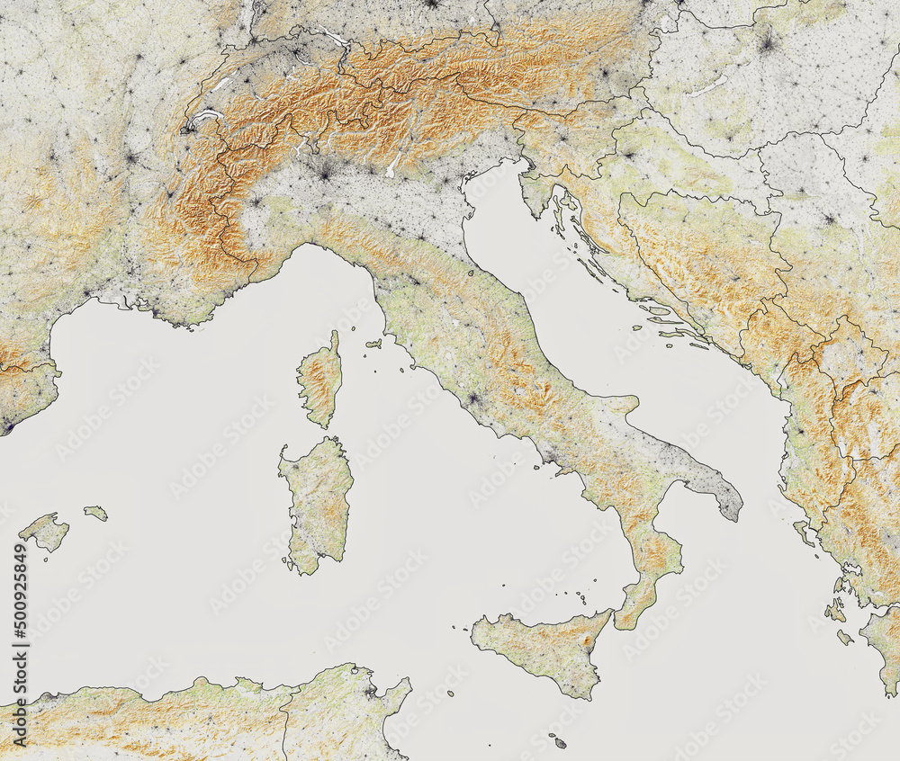 Map of Italy, satellite view and reliefs. Neighboring countries. Map ...