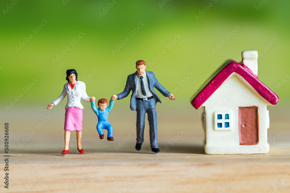 Miniature family with father, mother and son with plastic toy set for ...