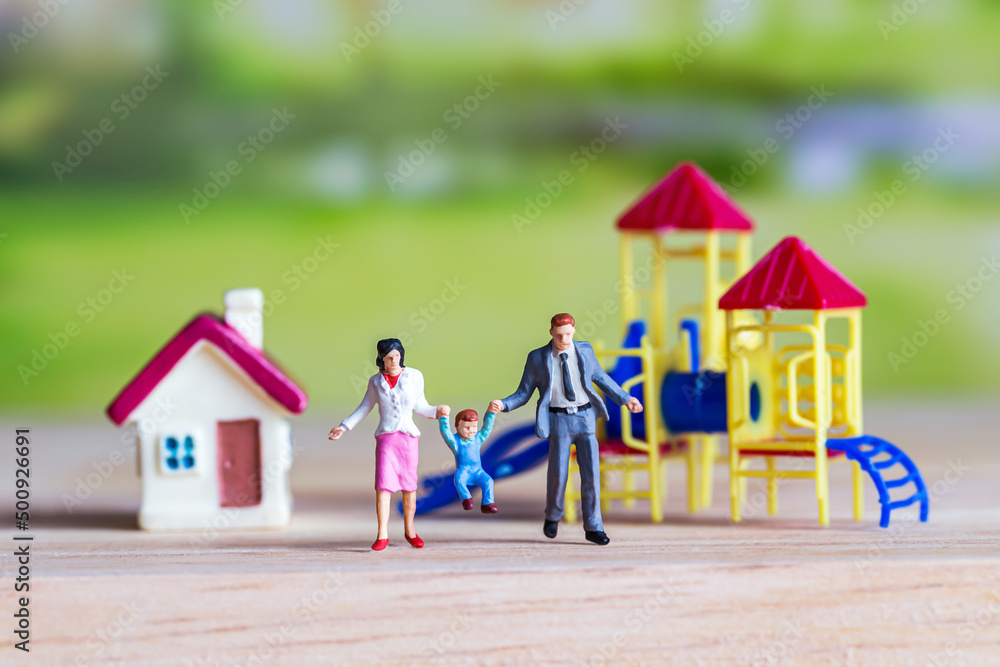 Miniature family with father, mother and son with plastic toy set for ...