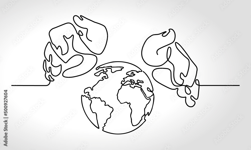 Continuous one line drawing of hands protecting Earth globe isolated on ...