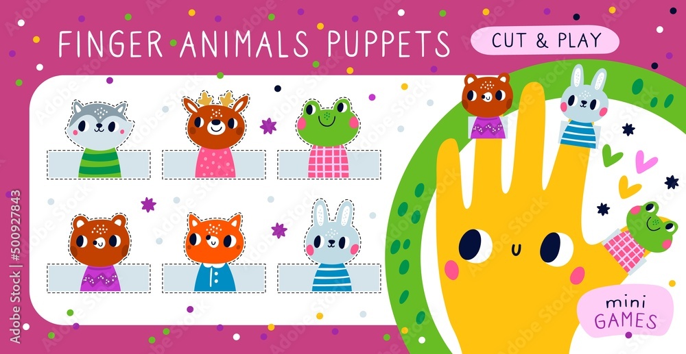 Finger puppets hands. Kids mini game. Funny animal dolls worn on arm ...