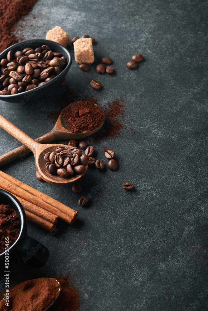 Coffee beans background. Roasted Coffee concept with differents types ...