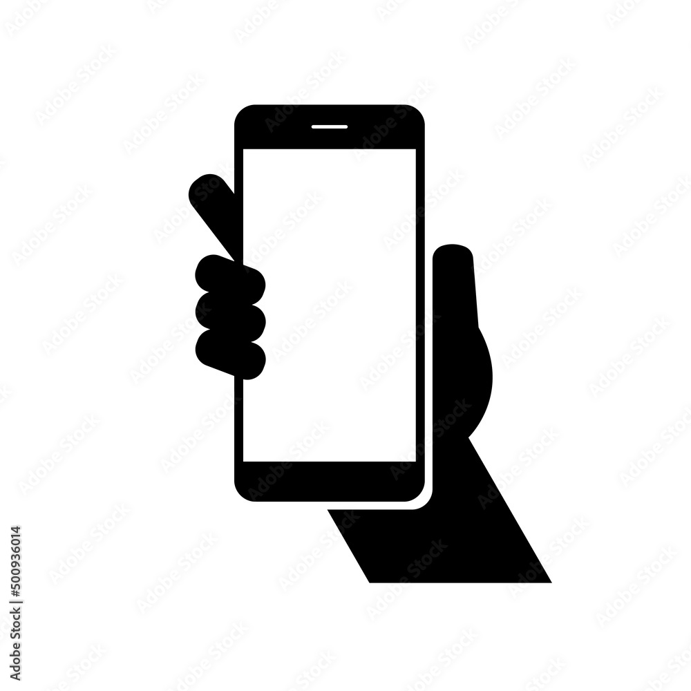 Hand holds smartphone sign symbol isolated on white background. Vector ...