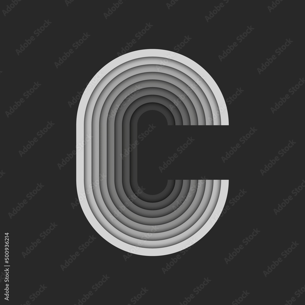Bold letter C logo initial, gray parallel ribbon pattern, 3d paper cut ...