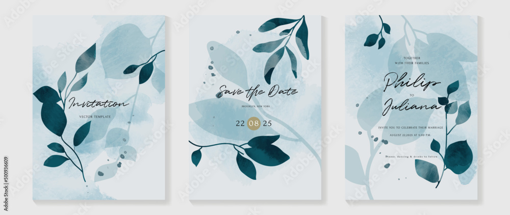 Abstract botanical wedding invitation card template. Blue watercolor ...