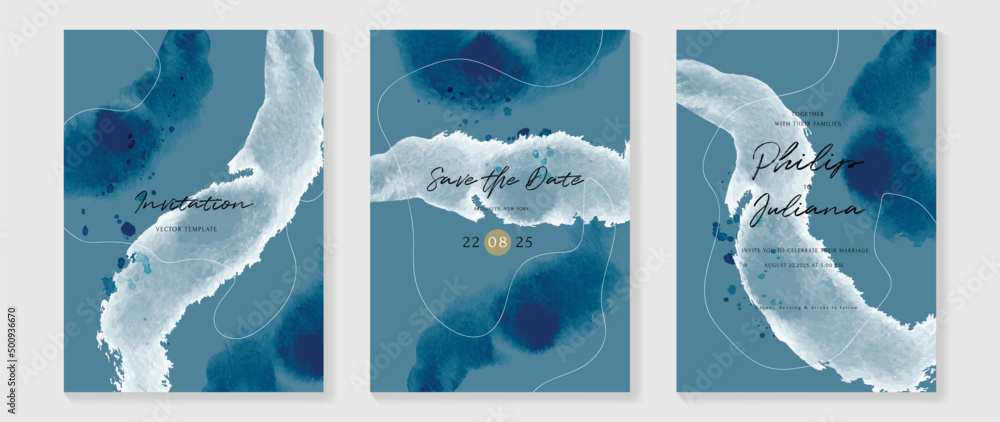 Abstract watercolor texture wedding invitation card template. Blue ...