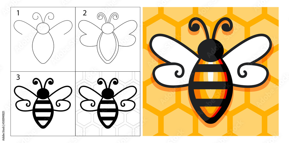 step-by-step tutorial on how to draw a bee. stylized simple drawing for ...