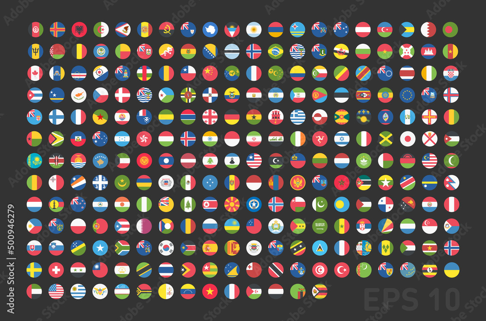 Flags of all countries round web buttons in flat. America, Europe, Asia ...